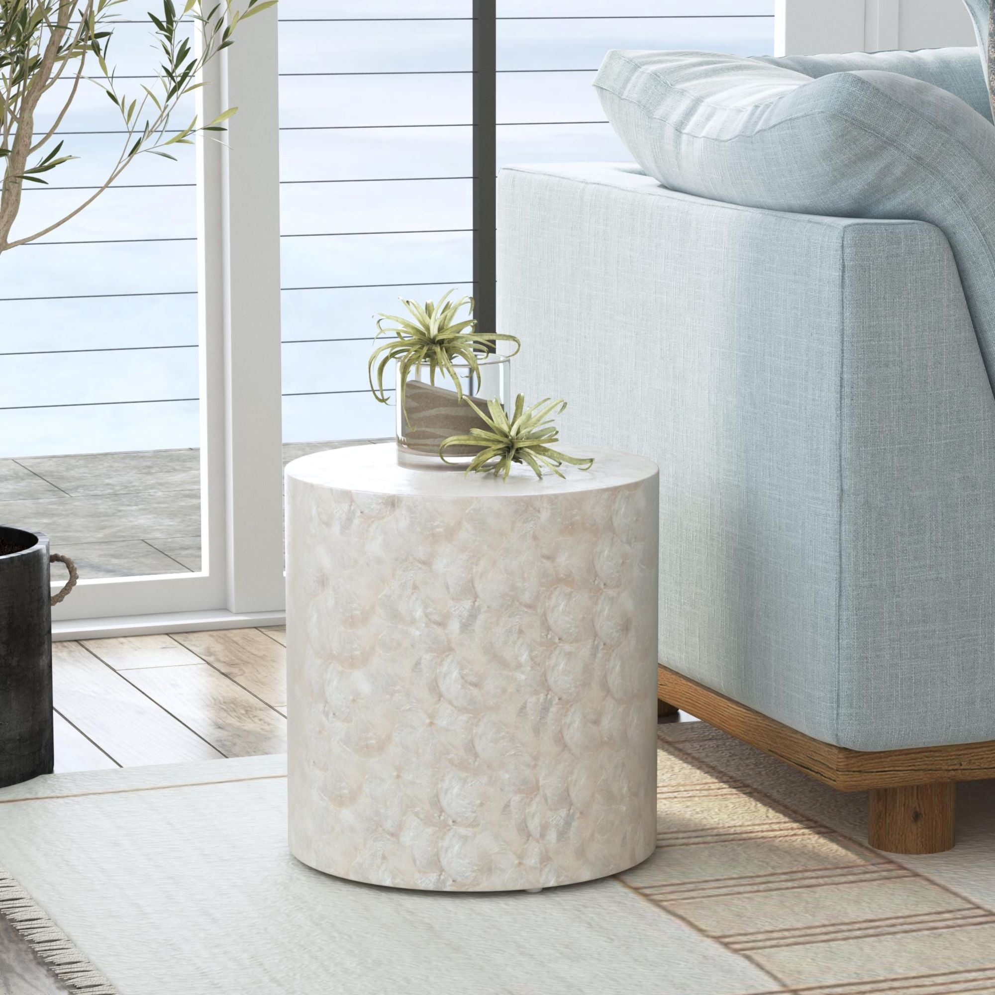 Tasi Coastal Drum Capiz Accent Table with Textured Shell Design – East ...