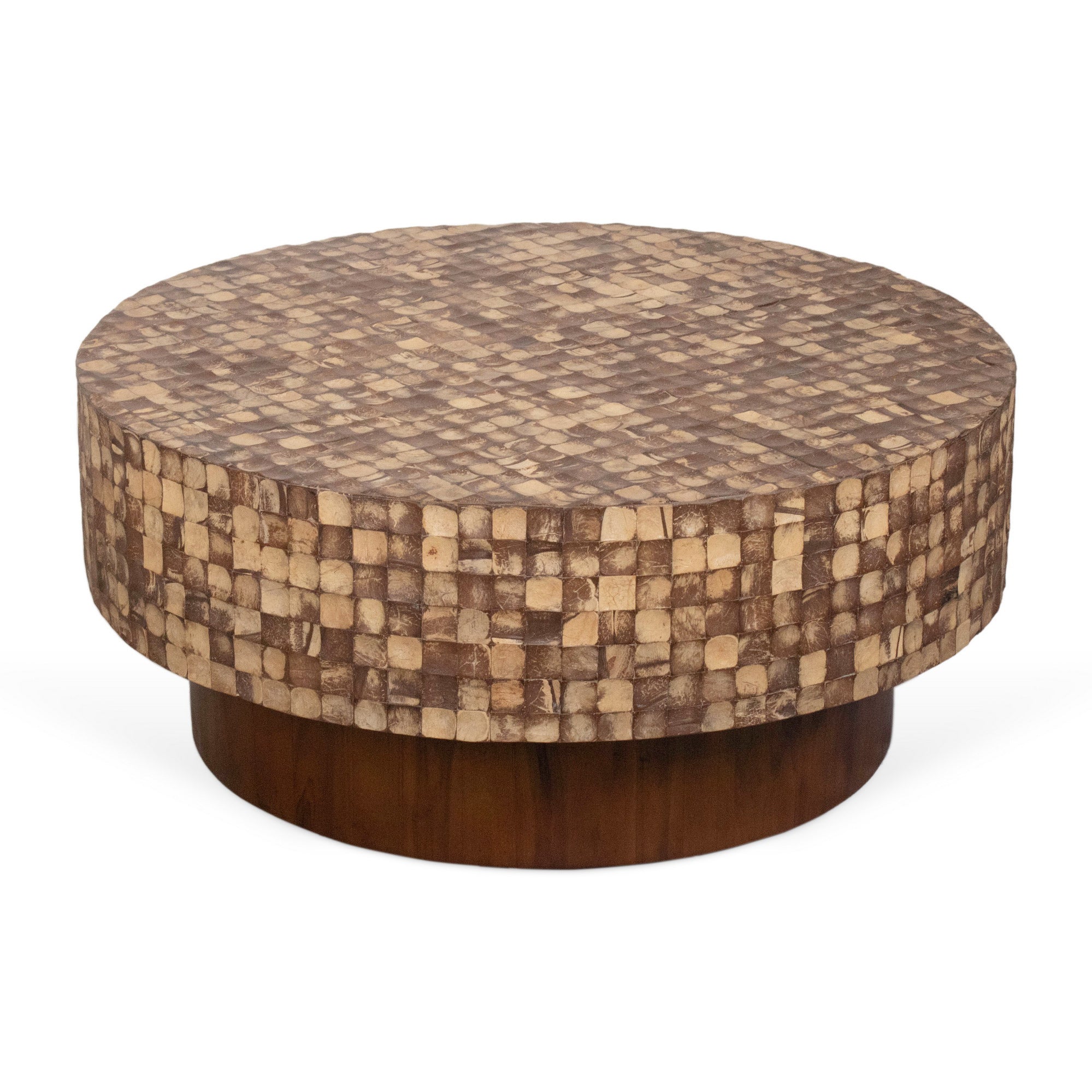 Mila Coconut Shell Pedestal Base Round Coffee Table with Organic Texture East at Main